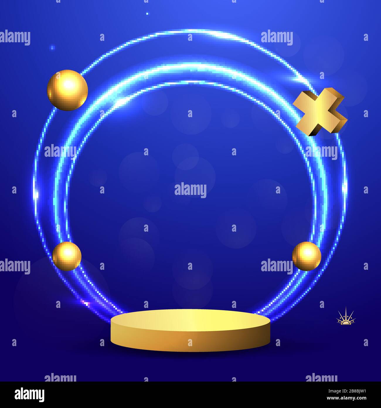 Metallic golden stage with floating geometrical forms and glow neon ...