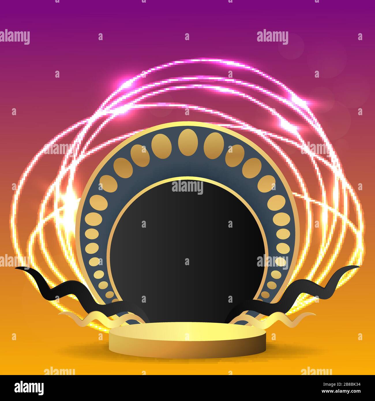 Metallic golden stage with floating geometrical forms and glow neon ...