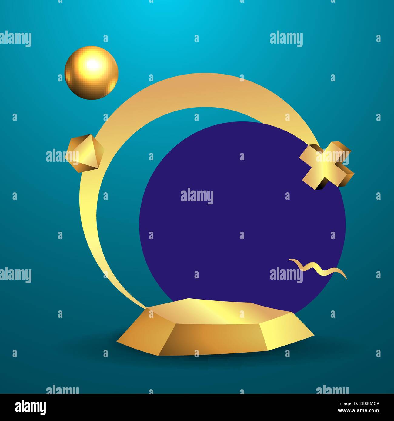 Metallic golden stage with floating geometrical forms, round platform ...