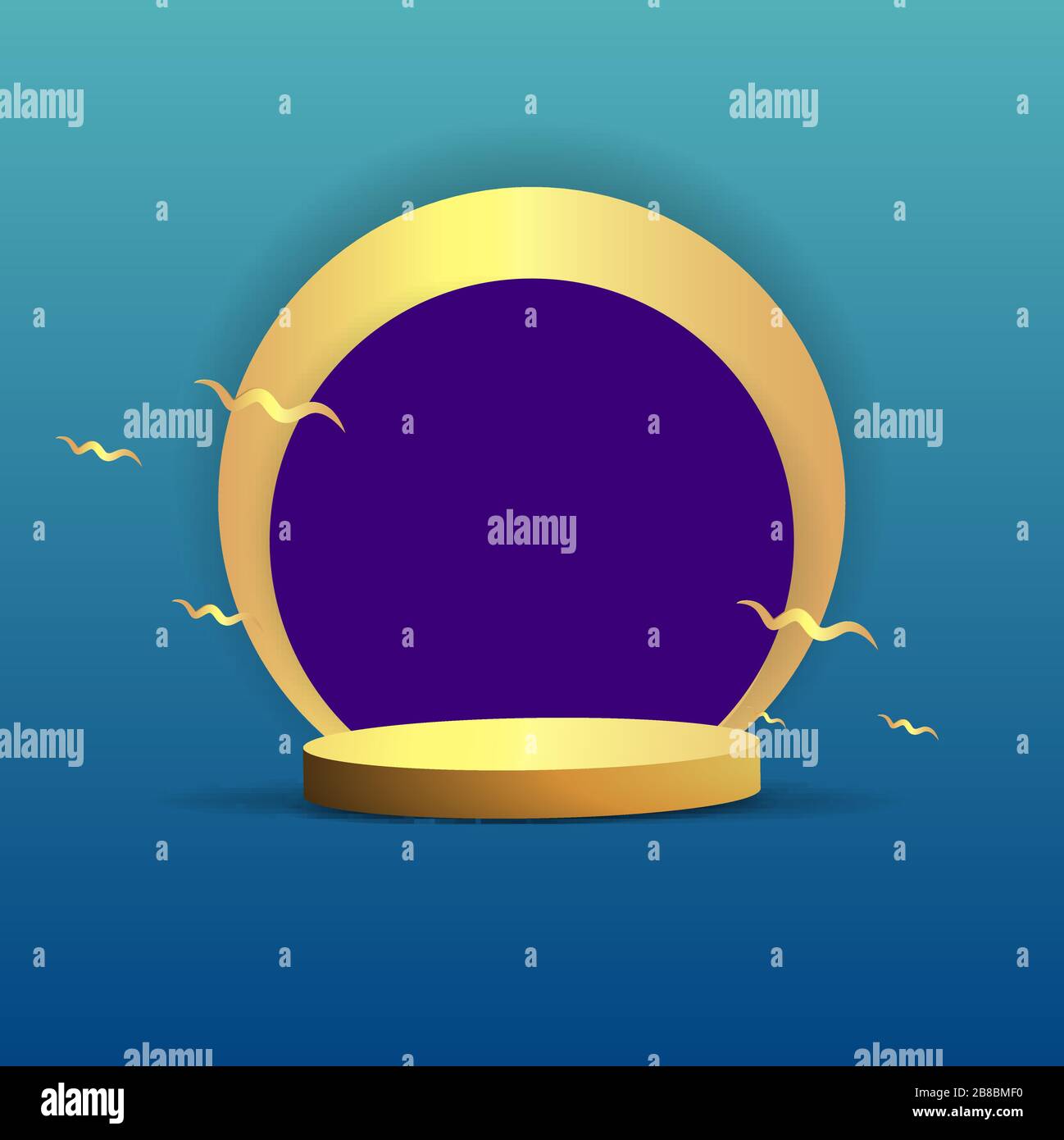 Metallic golden stage with floating geometrical forms, round platform ...