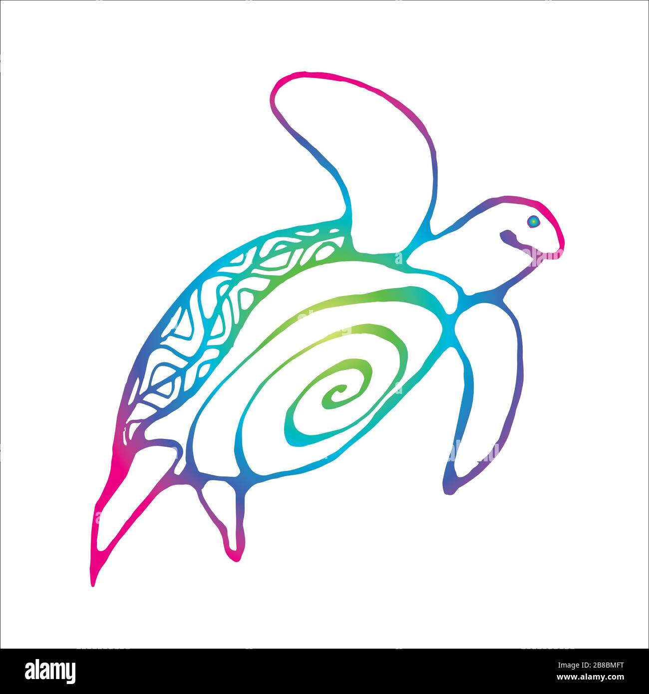 Color neon illustration of a wise tortoise. Swimming turtle in motion ...