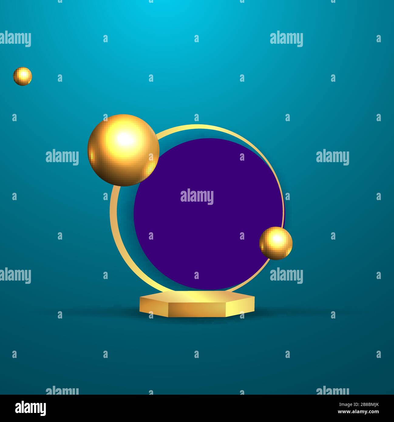 Metallic golden stage with floating geometrical forms, round platform ...