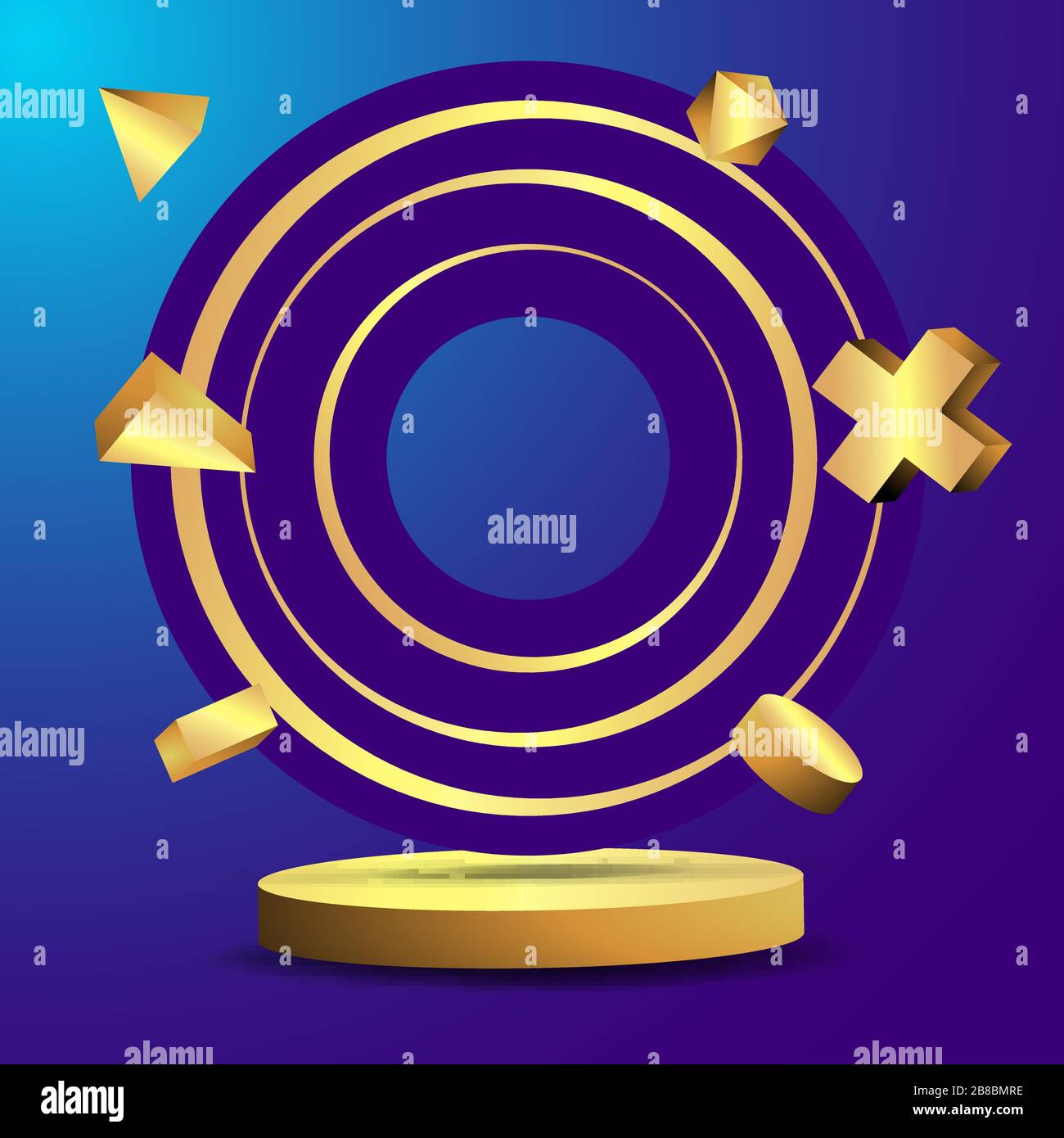 Metallic golden stage with floating geometrical forms, round platform ...