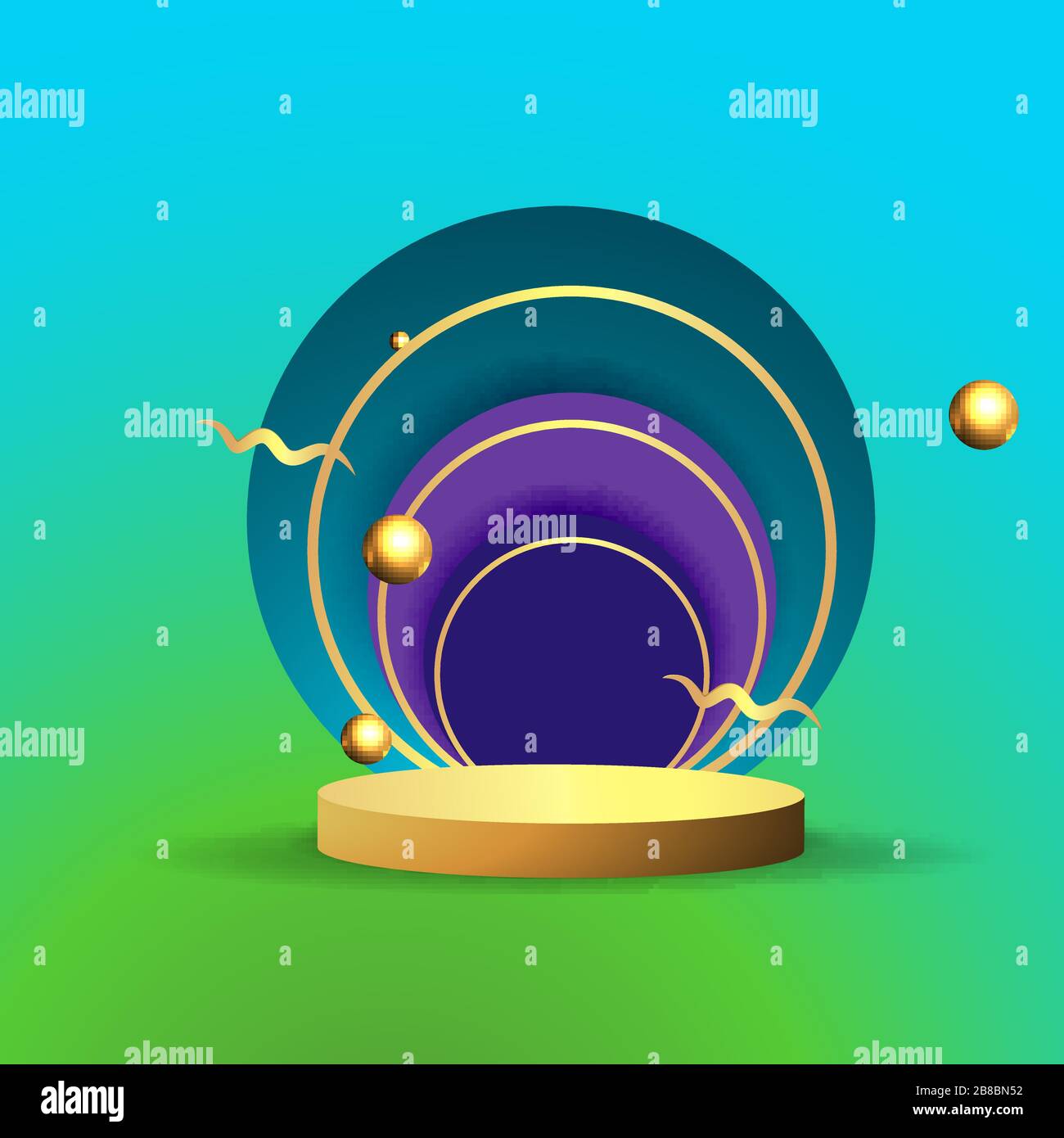 Metallic golden stage with floating geometrical forms, round platform ...
