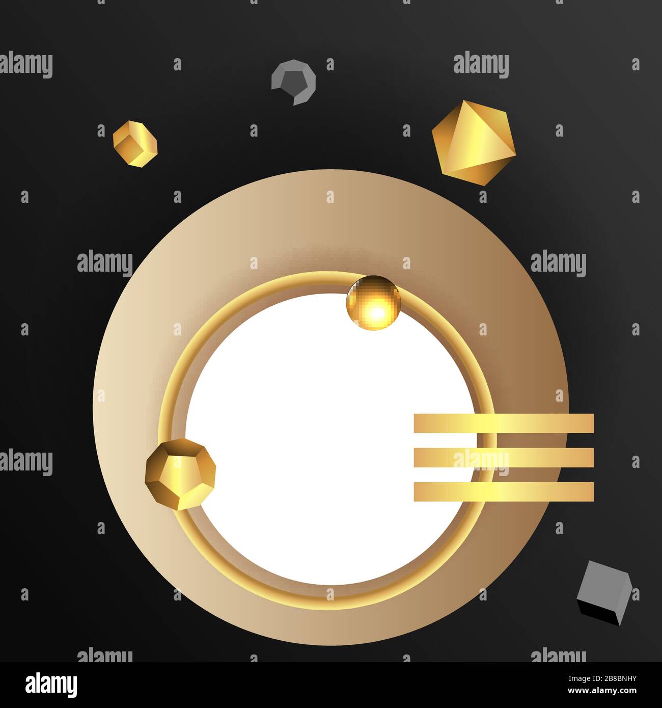 Metallic golden stage with floating geometrical forms, round platform ...