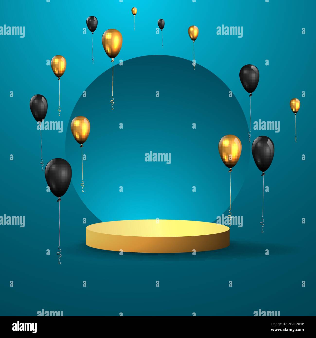 Metallic golden stage with floating geometrical forms, round platform ...