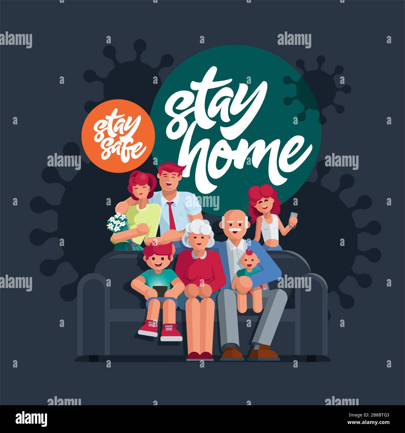 Happy big family in home. Grandparents, mother, father, son, daughter ...