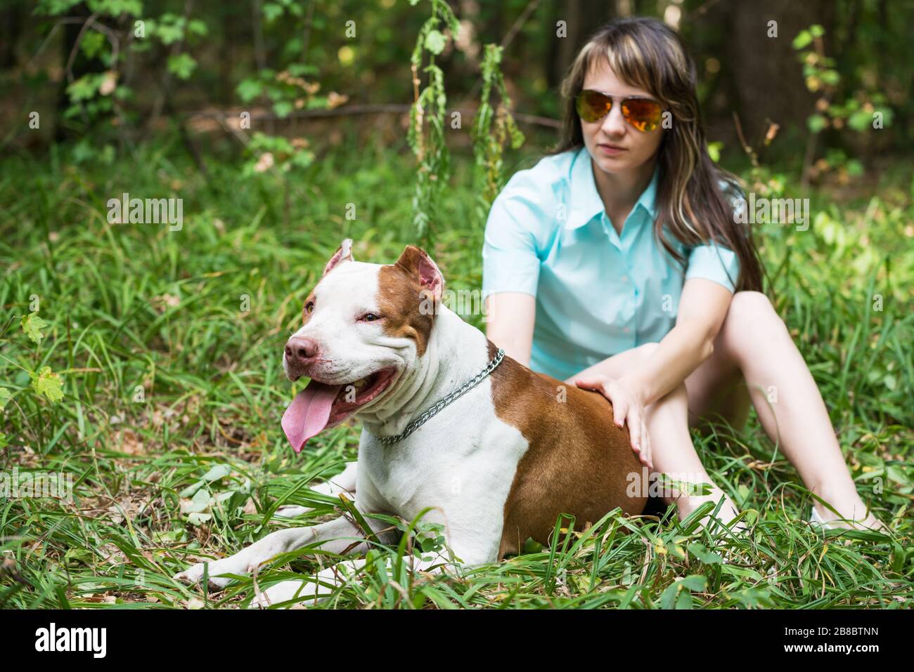 Front view of charming lady resting on grass and holding dog paw. Cute ...