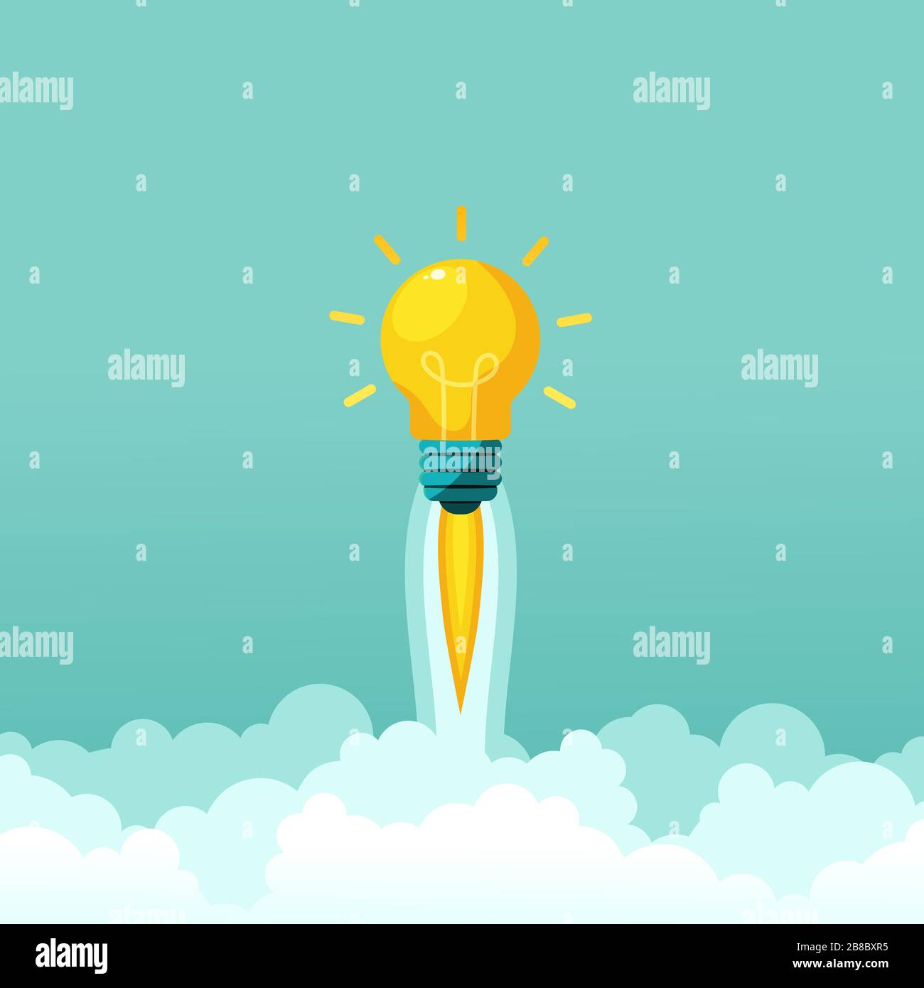 Rocket launch lightbulb in sky space. Creative startup concept. Vector ...