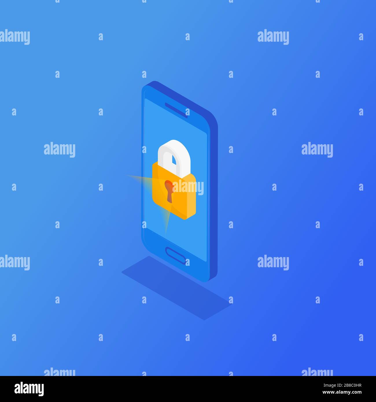 Isometric mobile smart phone locked on a blue background. Security ...