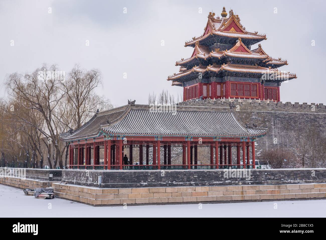 Corner tower over the moat around Forbidden City palace complex in ...
