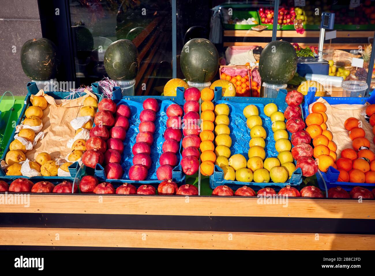 Various fresh fruits on the exterior stall of a grocery shop Stock ...