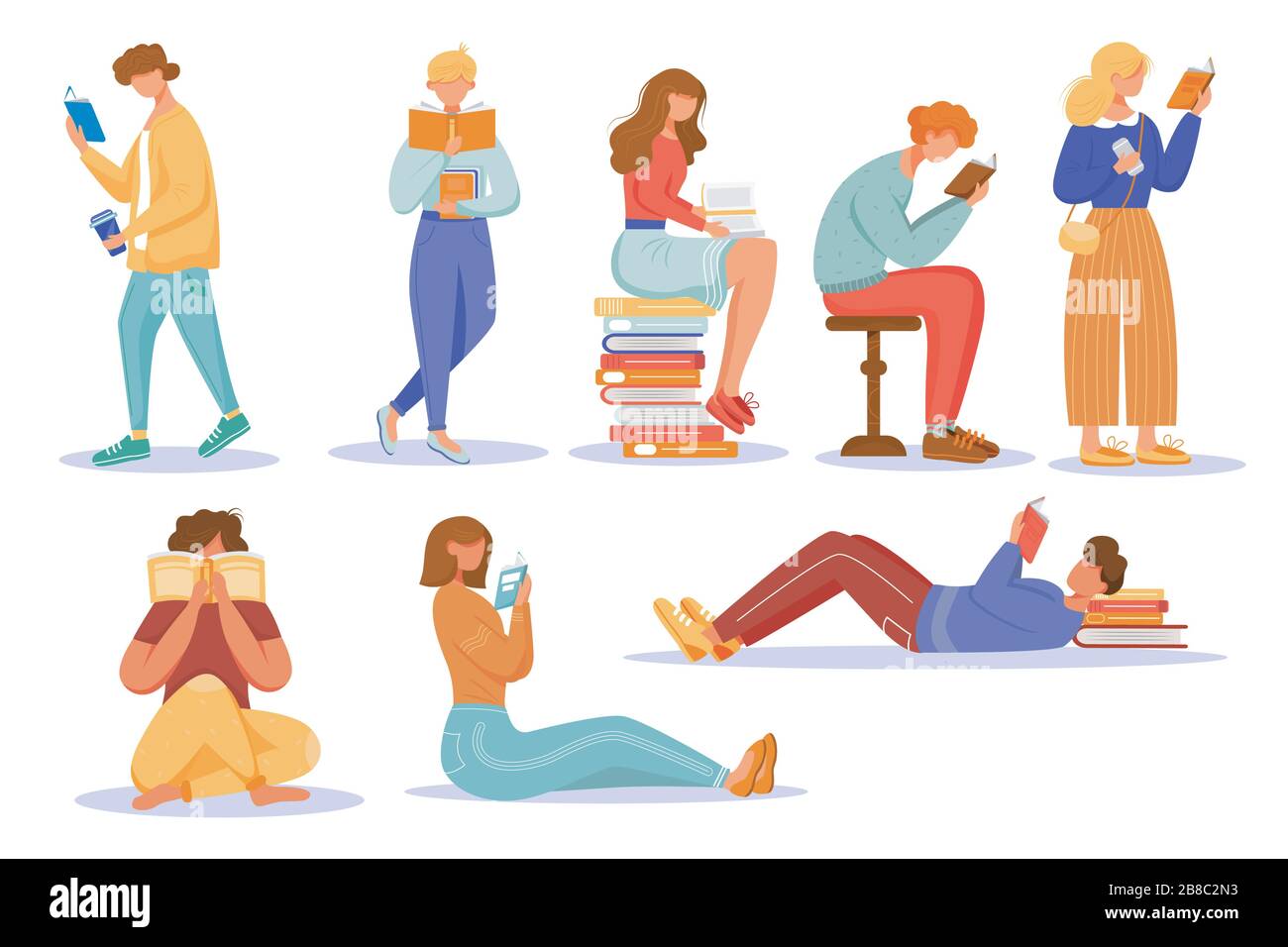 Books reading flat vector illustrations set Stock Vector Image & Art ...