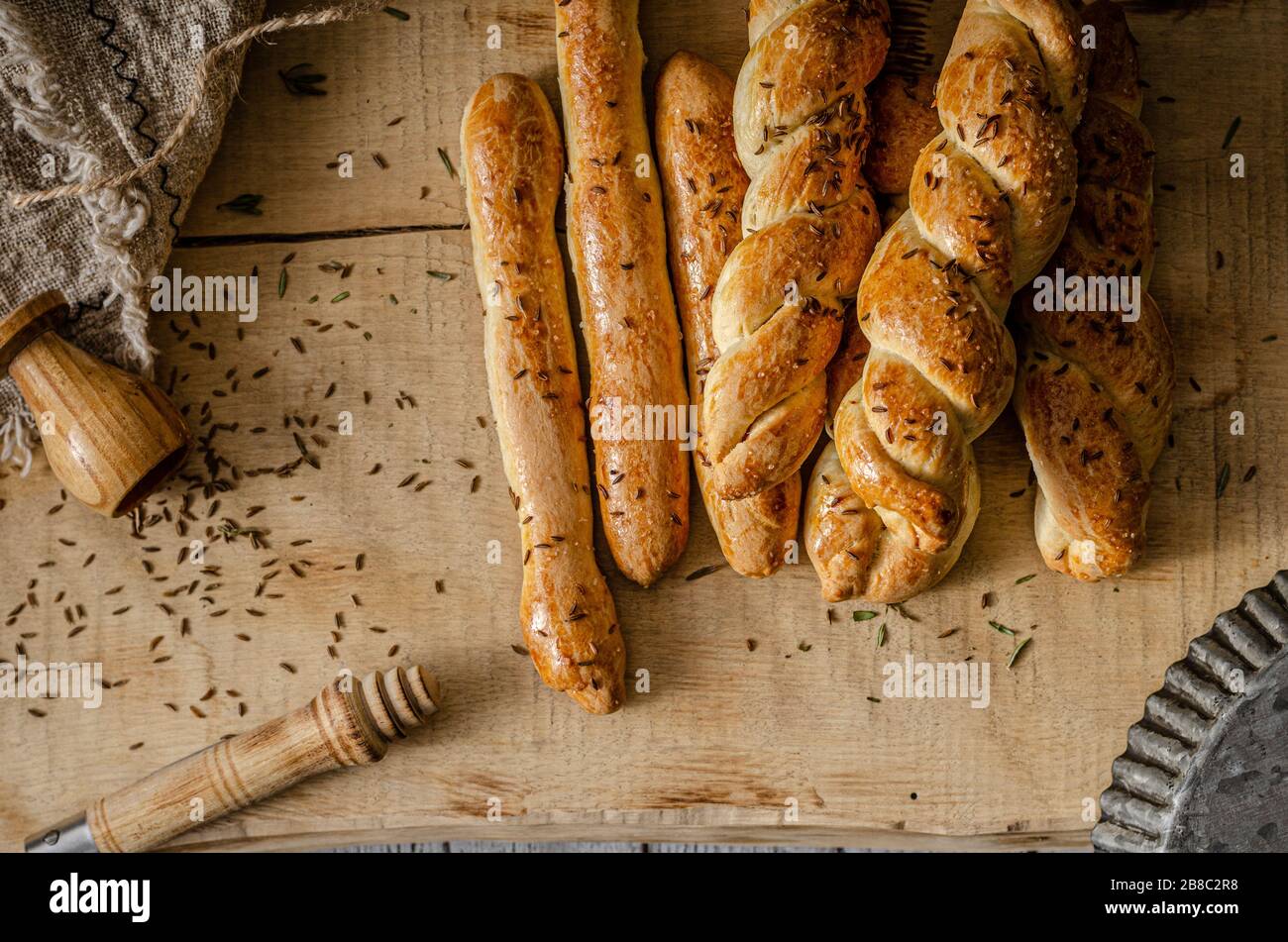 Delicious homemade salted sticks with cumin and sea salt Stock Photo ...