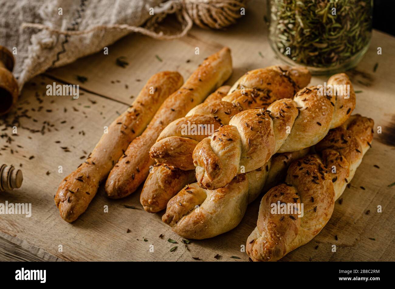 Delicious homemade salted sticks with cumin and sea salt Stock Photo ...