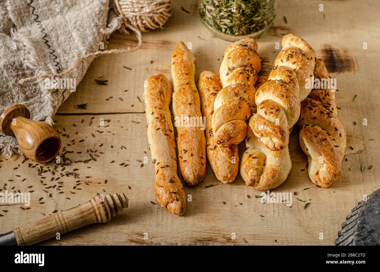 Delicious homemade salted sticks with cumin and sea salt Stock Photo ...
