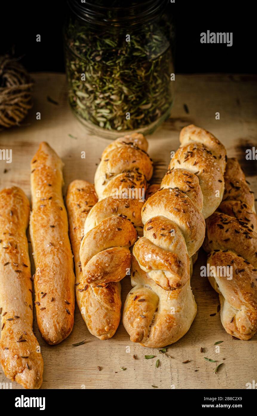 Delicious homemade salted sticks with cumin and sea salt Stock Photo ...