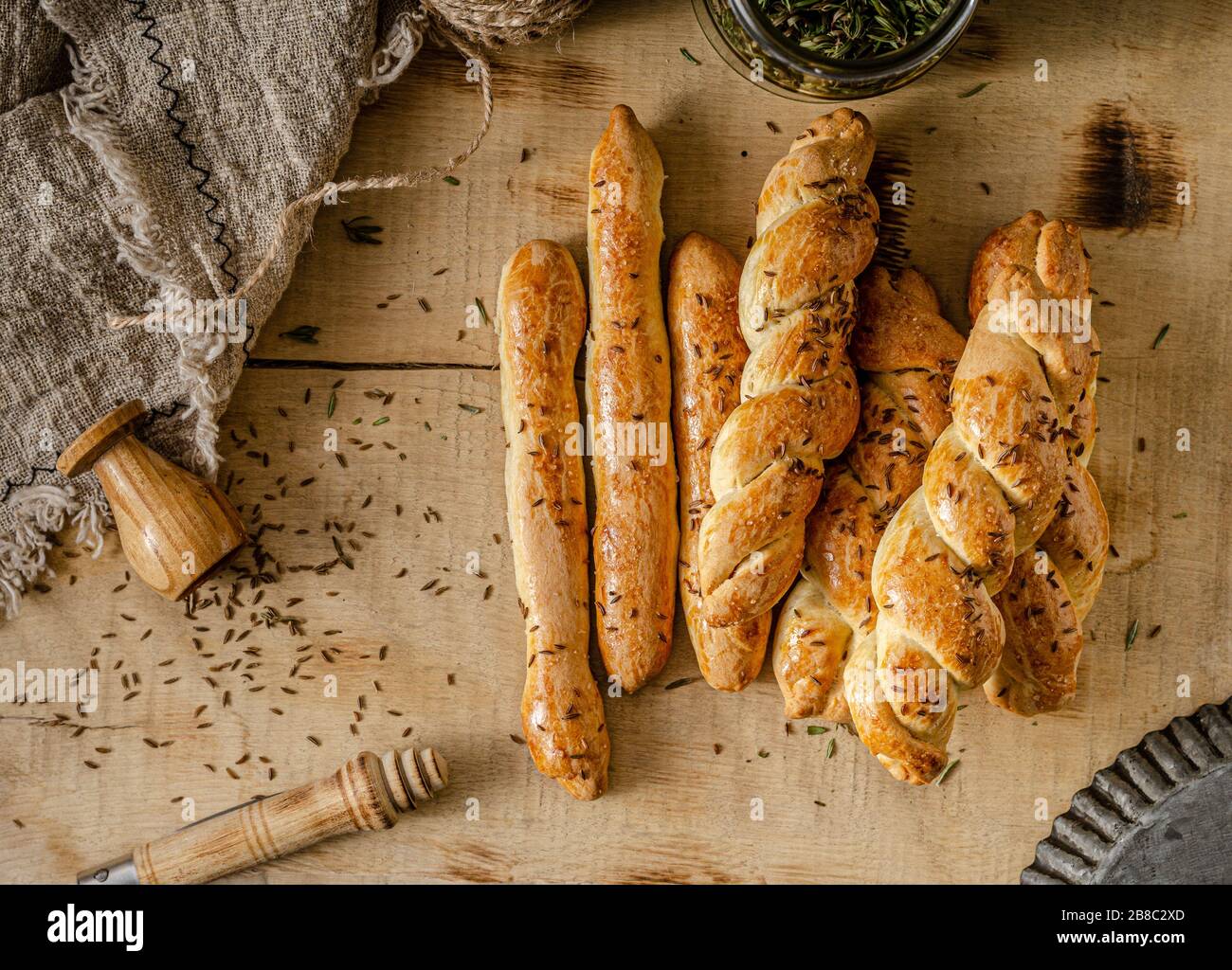 Delicious homemade salted sticks with cumin and sea salt Stock Photo ...