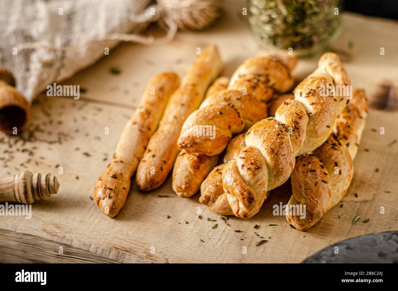 Delicious homemade salted sticks with cumin and sea salt Stock Photo ...