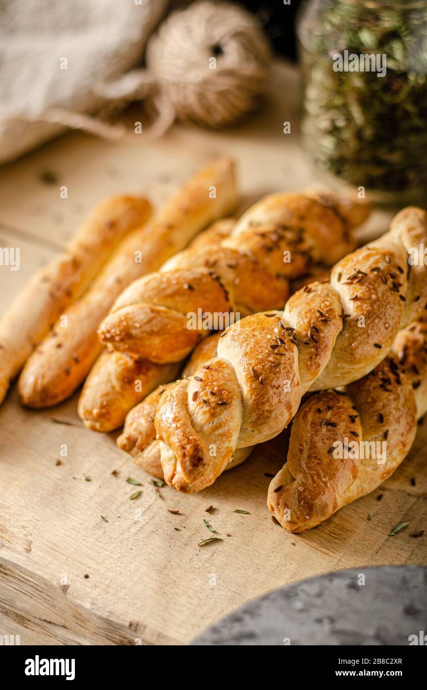 Delicious homemade salted sticks with cumin and sea salt Stock Photo ...