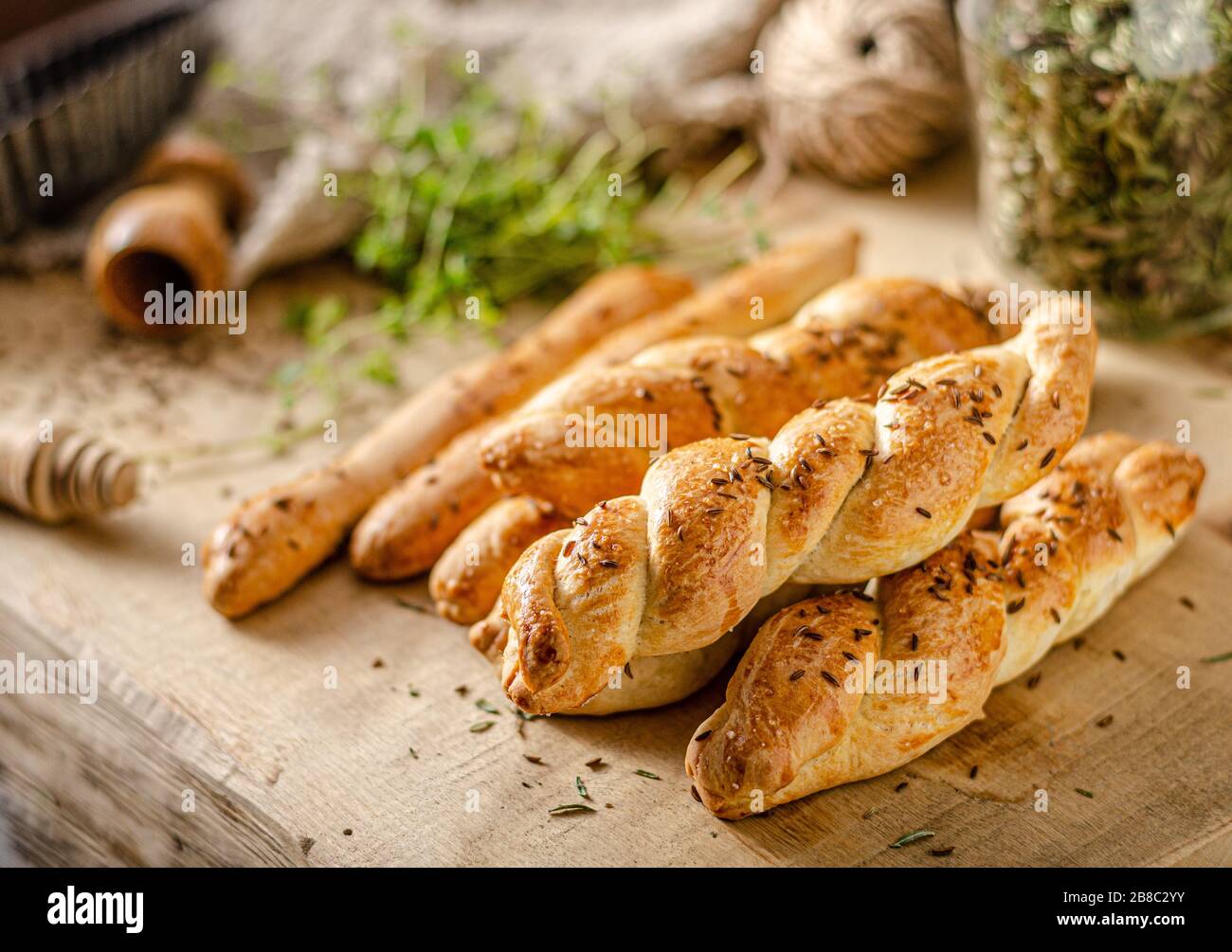 Delicious homemade salted sticks with cumin and sea salt Stock Photo ...