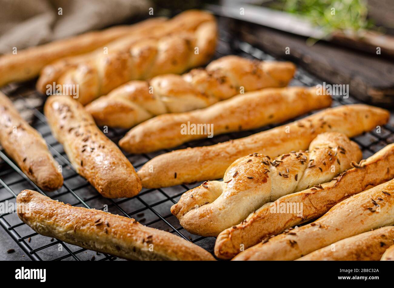 Delicious homemade salted sticks with cumin and sea salt Stock Photo ...