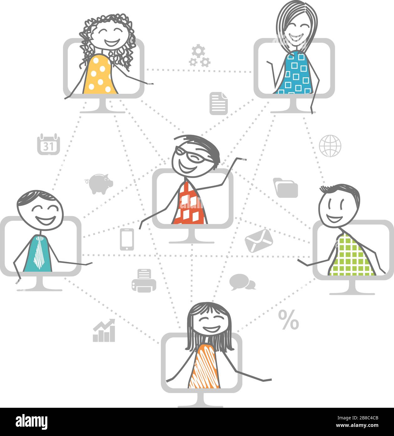 Men and women are connected to work together through an internet ...