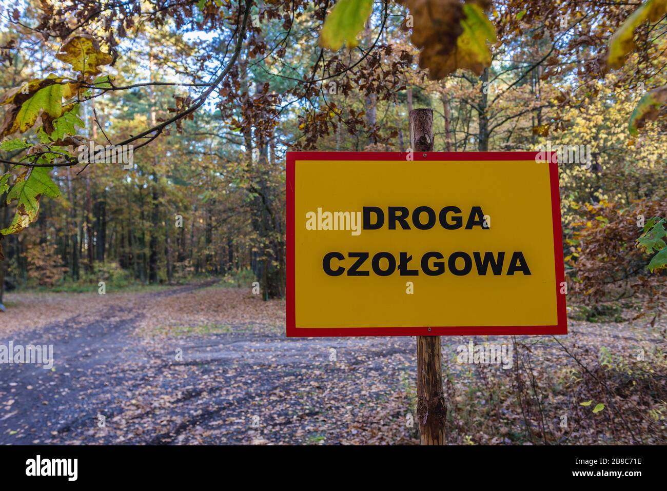 Tanks road warning sign in forest near military ground in Sulejowek tow ...