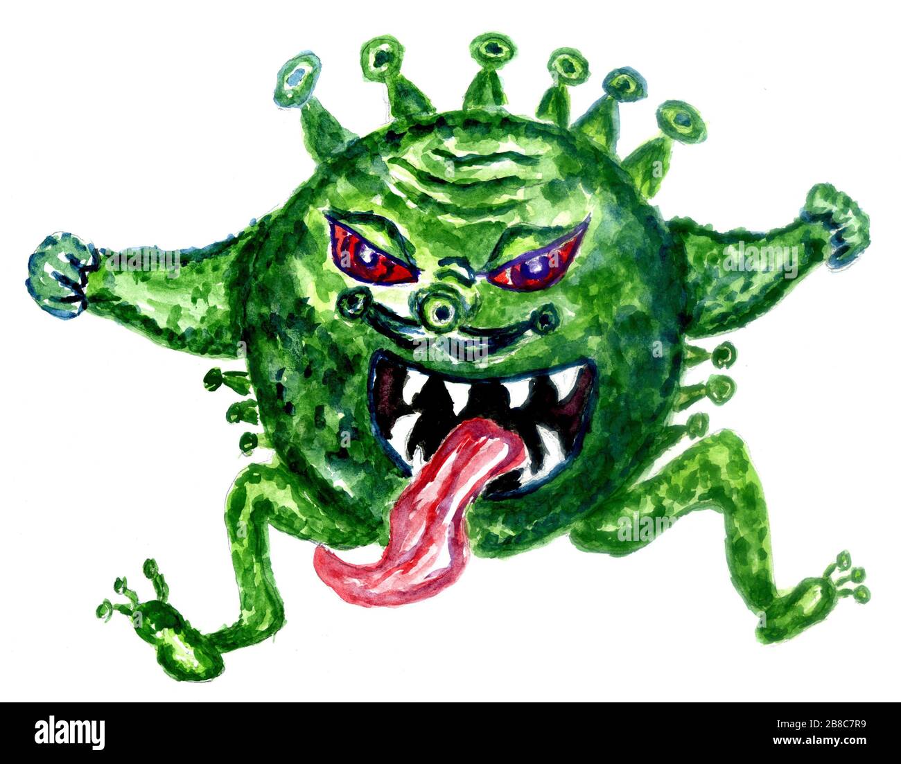 Cartoon coronavirus, spooky virus attack, hand drawn watercolor ...