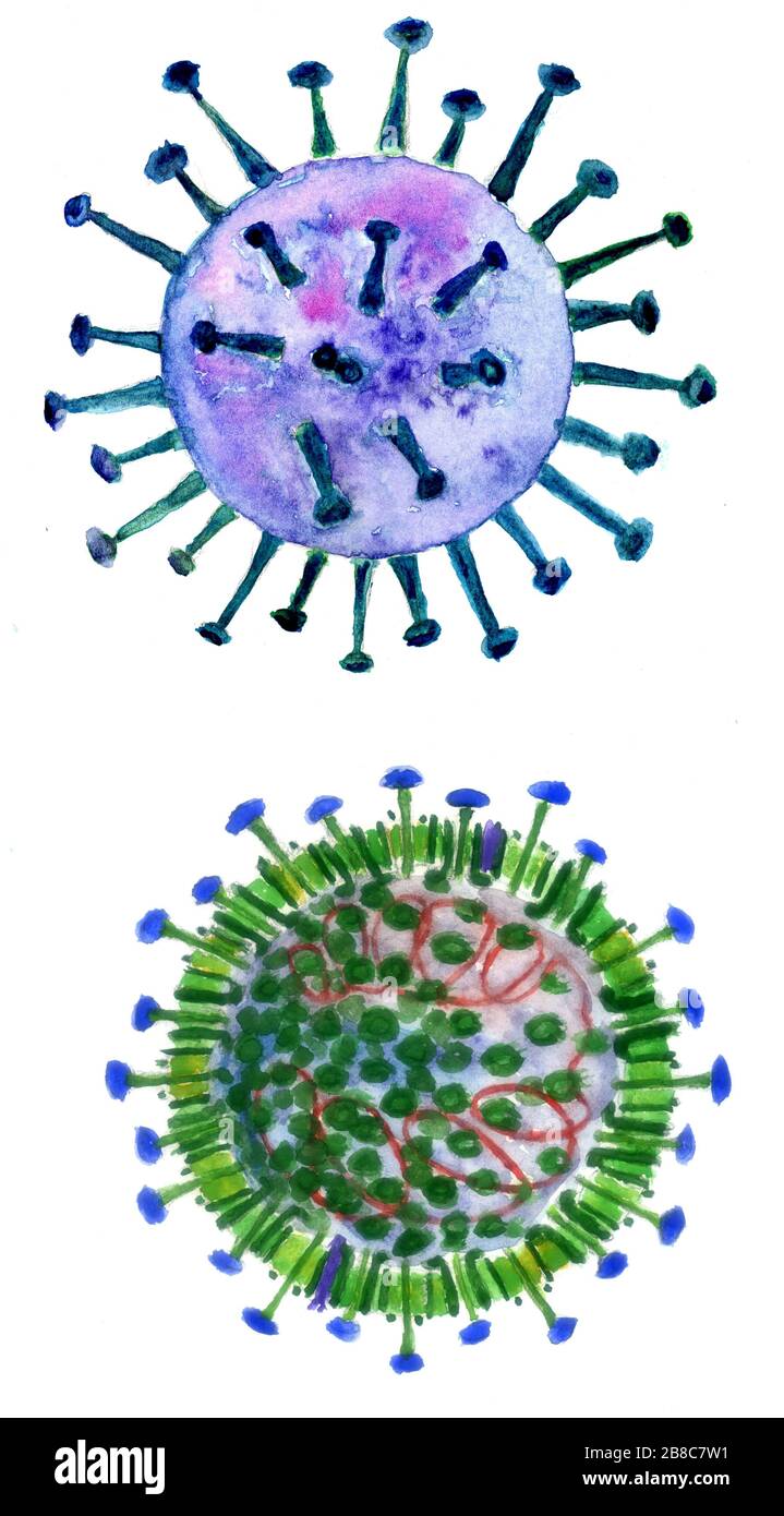 Cartoon coronavirus, spooky virus attack, hand drawn watercolor ...