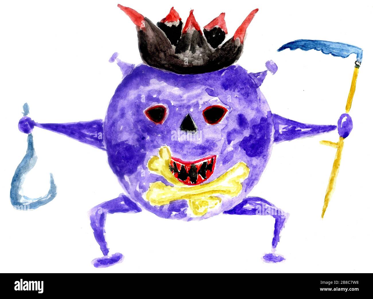 Cartoon coronavirus, spooky virus attack, hand drawn watercolor ...