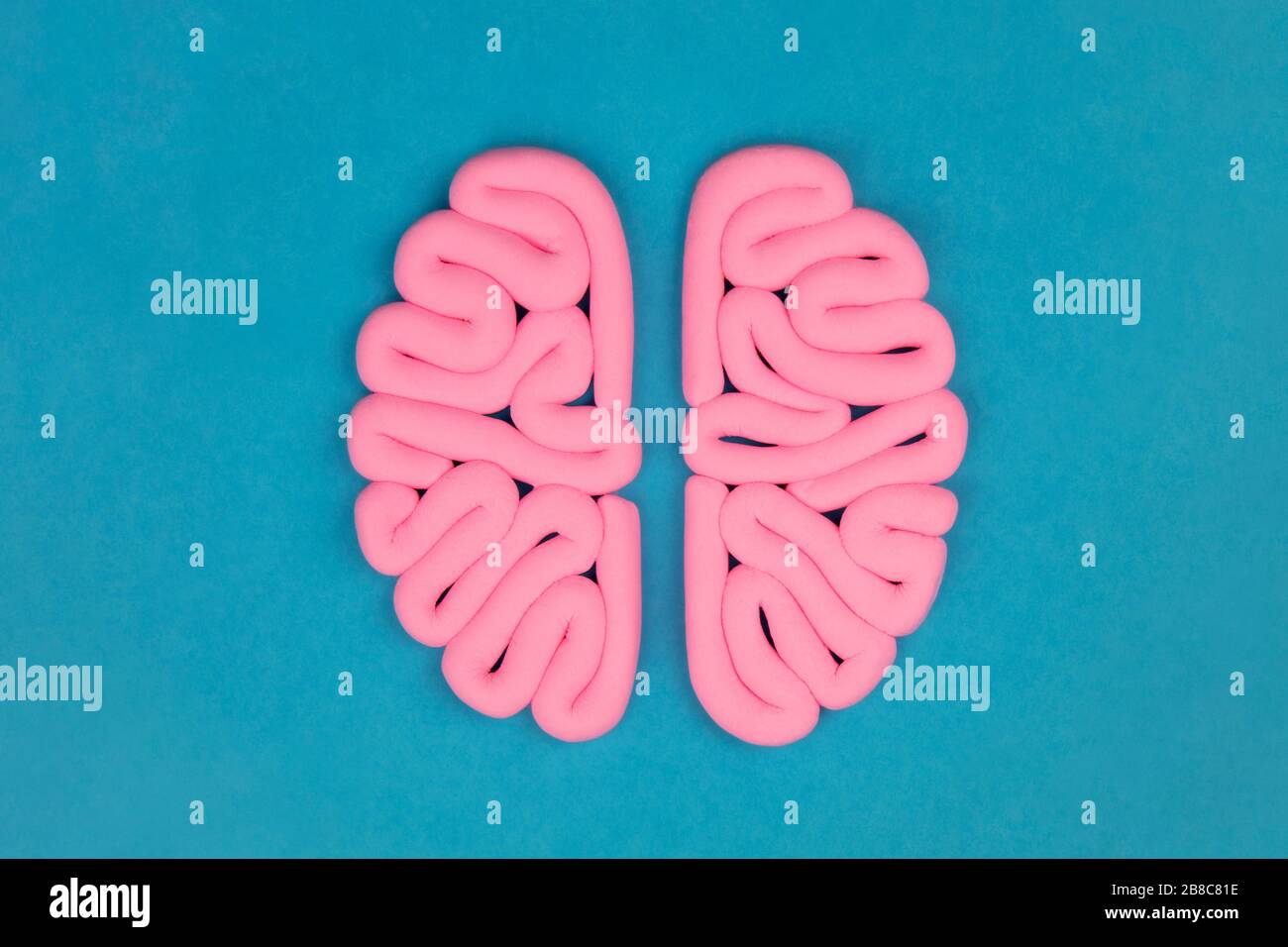 Pink model of human brain from above on blue background, flat lay ...