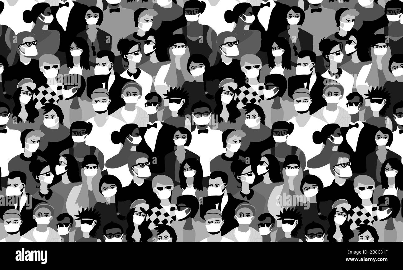 Epidemic virus people medical masks crowd black and white seamless ...