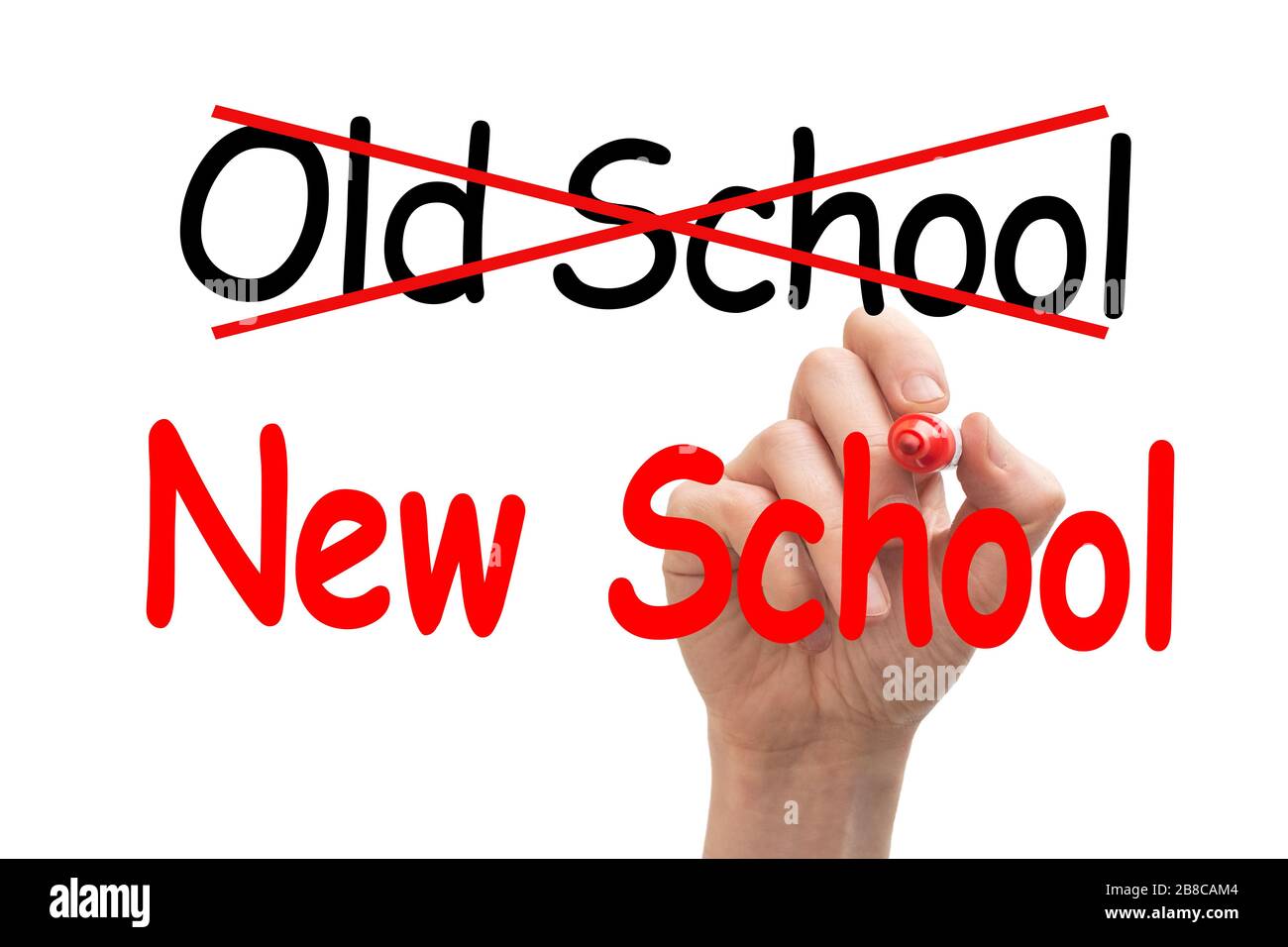 Concept for showing the new way. Male hand erasing the words Old School ...