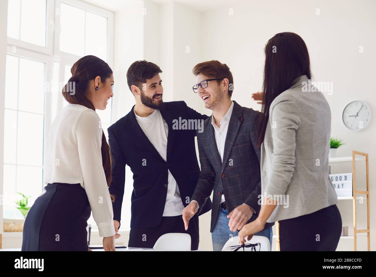 Happy business people smiling at meeting workplace in office. Business ...
