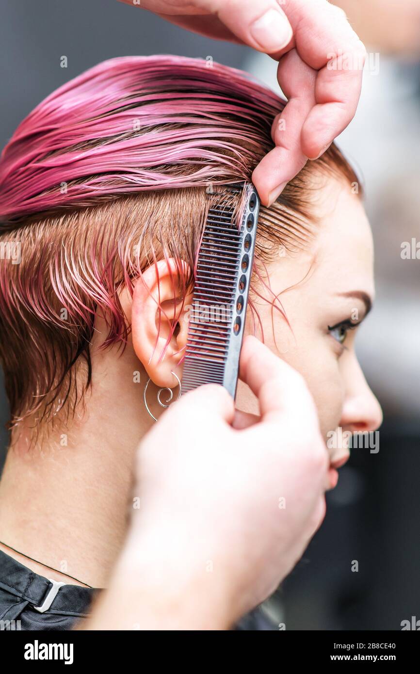 Hairdresser combs hair of woman at hair salon Stock Photo - Alamy