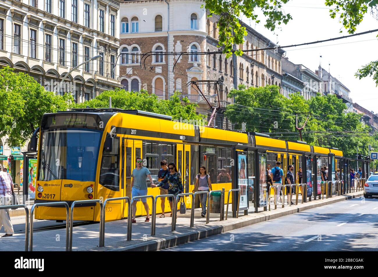 Budapest, Hungary - May 5, 2018: Tram No. 4 stops at Harminckettesek ...