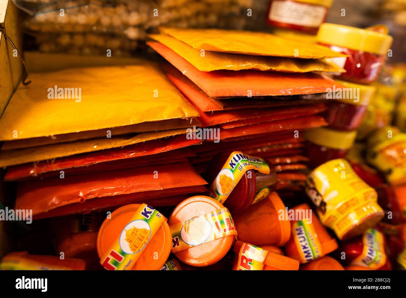 Bunch Pasupu,Kumkuma Packets in a street shop at tirumala Stock Photo ...