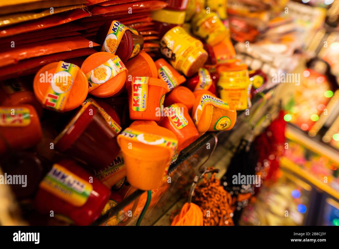 Bunch Pasupu,Kumkuma Packets in a street shop at tirumala Stock Photo ...