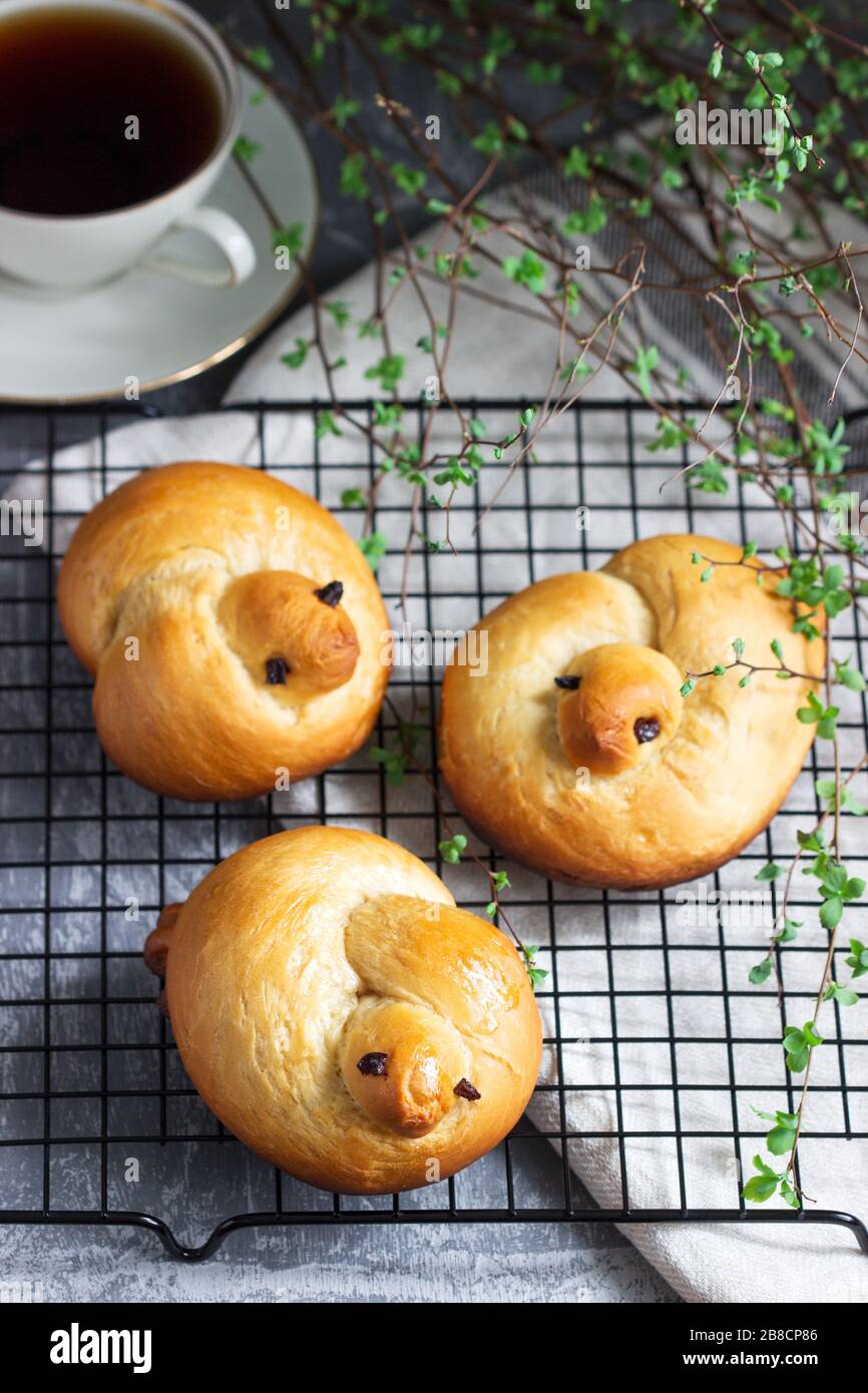 Traditional spring bird-shaped lean buns coated with sweet syrup Stock ...