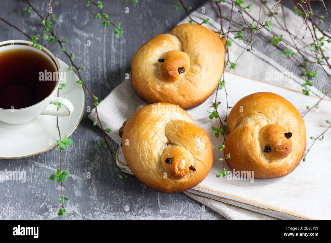 Traditional spring bird-shaped lean buns coated with sweet syrup Stock ...