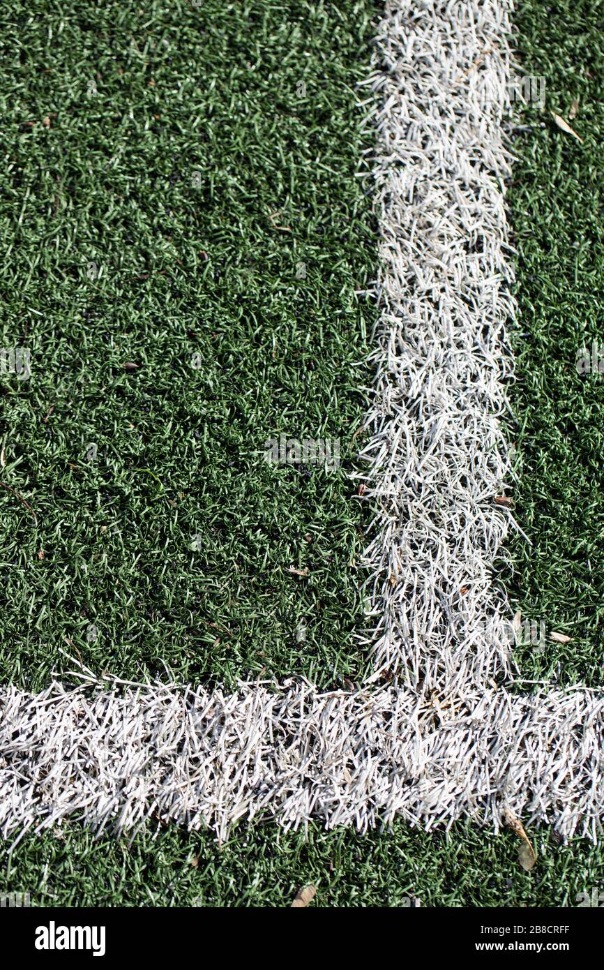 High angle view of green grass with a white boundary marker painted ...