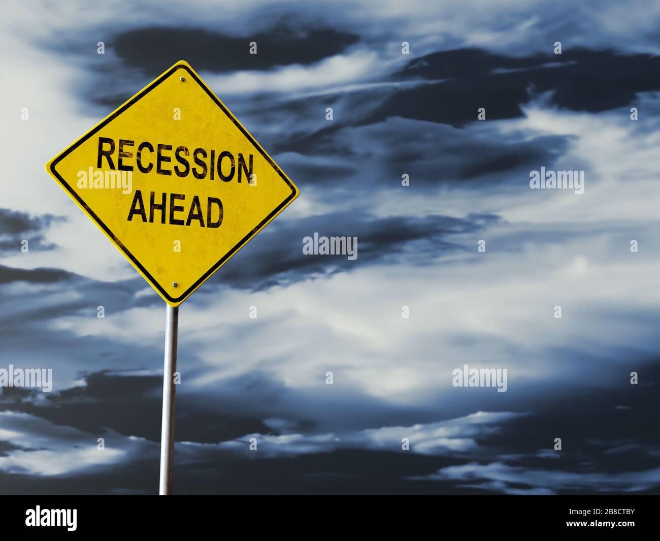 3D rendering of Recession Ahead road warning sign against dramatic sky ...
