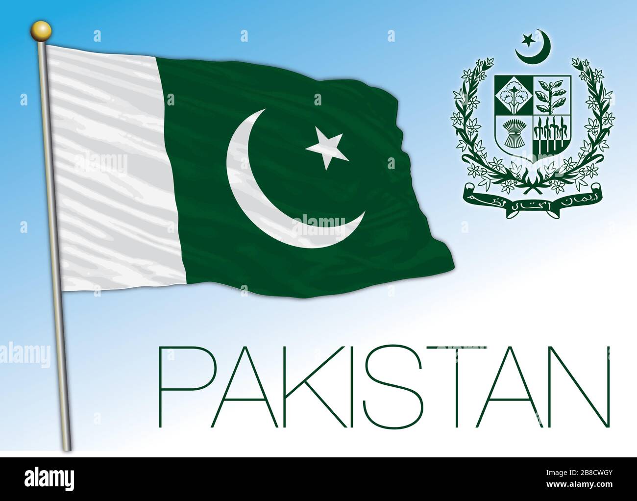 Pakistan official national flag and coat of arms. asiatic country ...