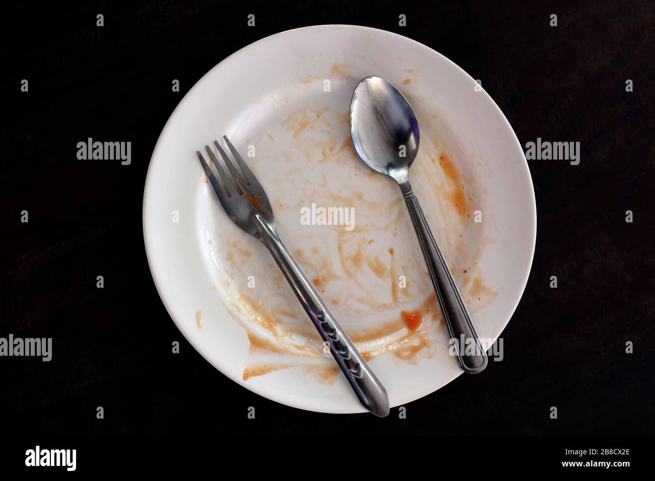 empty and dirty dish after eating food, plate fork and spoon Stock ...