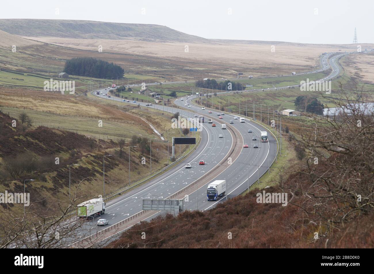 Light traffic on the M62 motorway near the summit at Scammonden Bridge ...