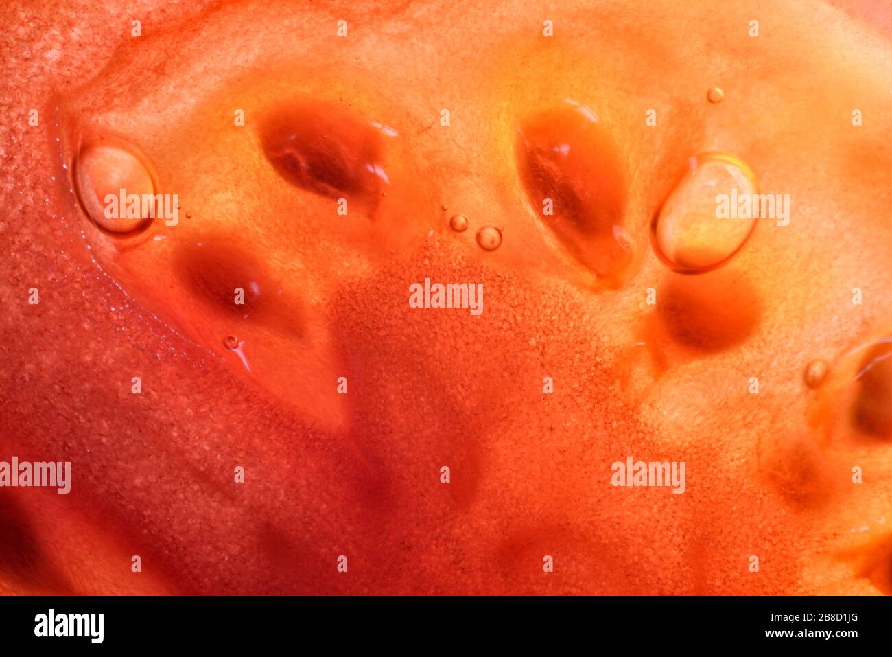 Creative, surprising macro image of tomato pulp. Abstract, fresh ...