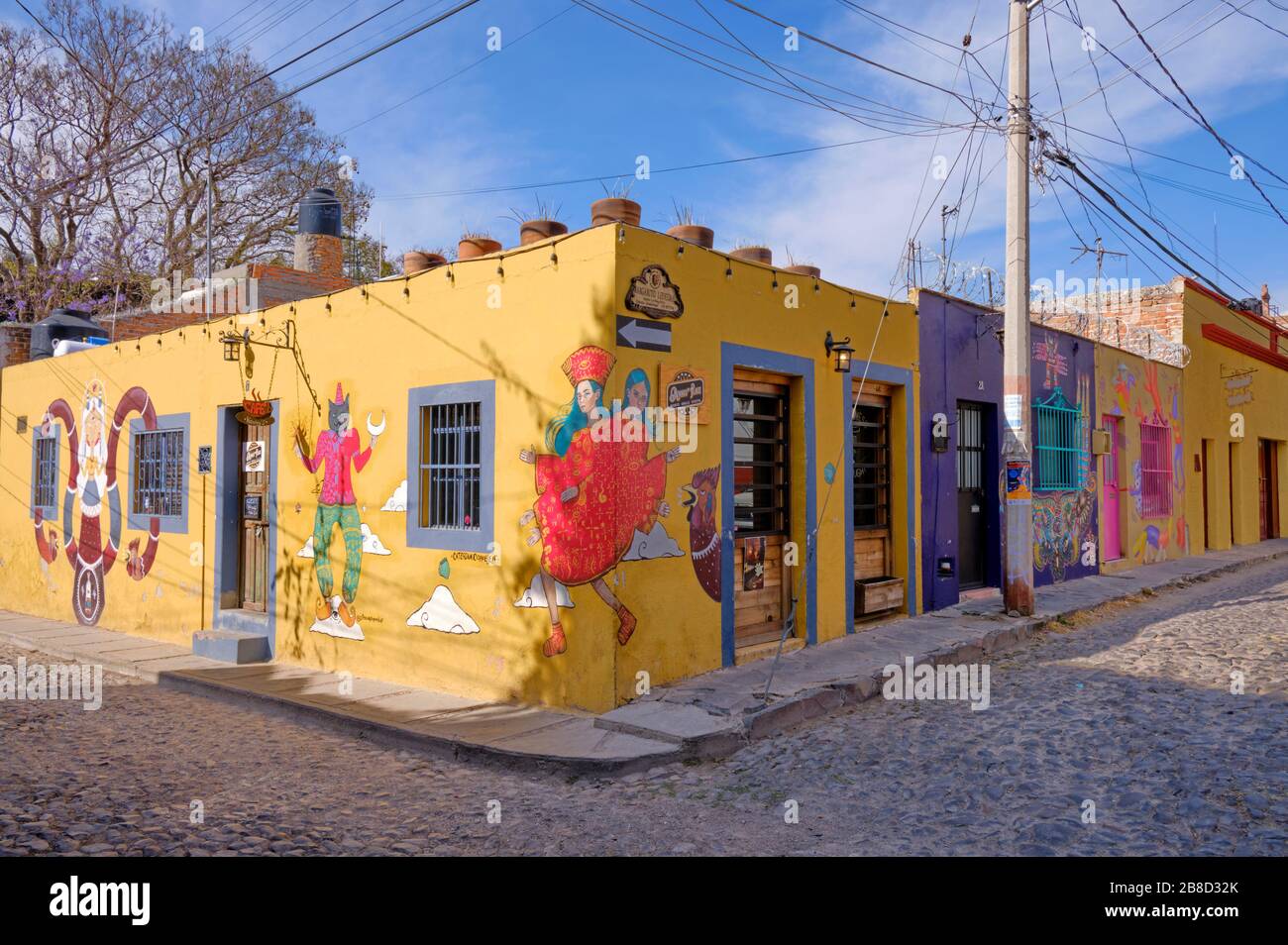 Wall art murals on house facades at street corner in Colonia Guadalupe ...