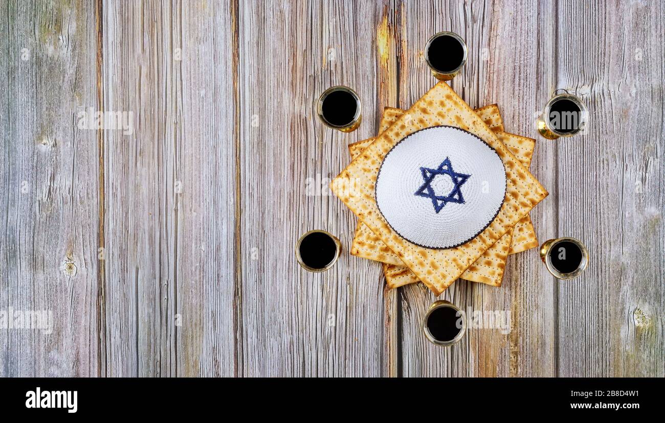 Passover Haggadah a matzo jewish holiday six cup kosher red wine Stock ...