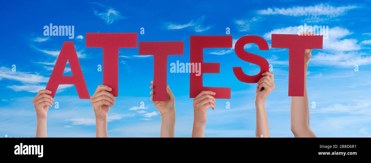 People Hands Holding Word Attest Means Certification, Blue Sky Stock ...